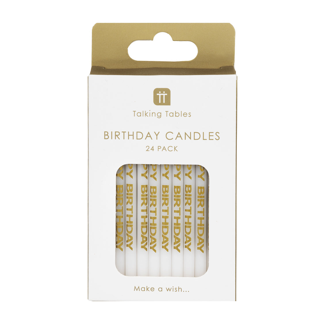 White & Gold 'Happy Birthday' Printed Candles - 24 Pack - Talking Tables UK