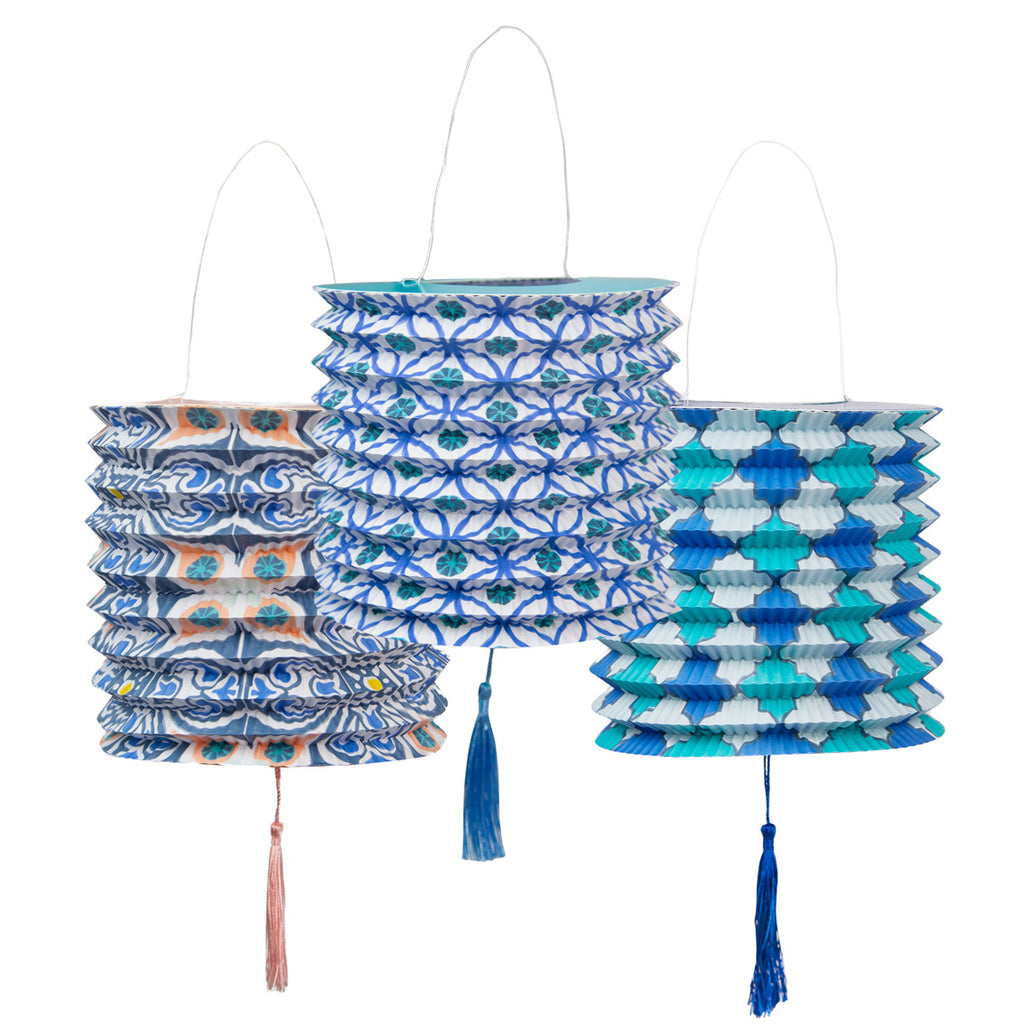 Moroccan Souk Blue Hanging Paper Lanterns - 3 Pack - Talking Tables UK