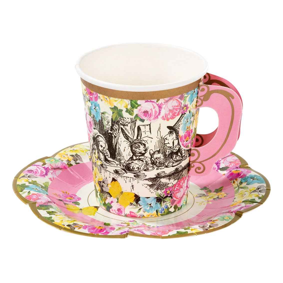 Pink Alice in Wonderland Tea Cups and Saucers - Talking Tables UK